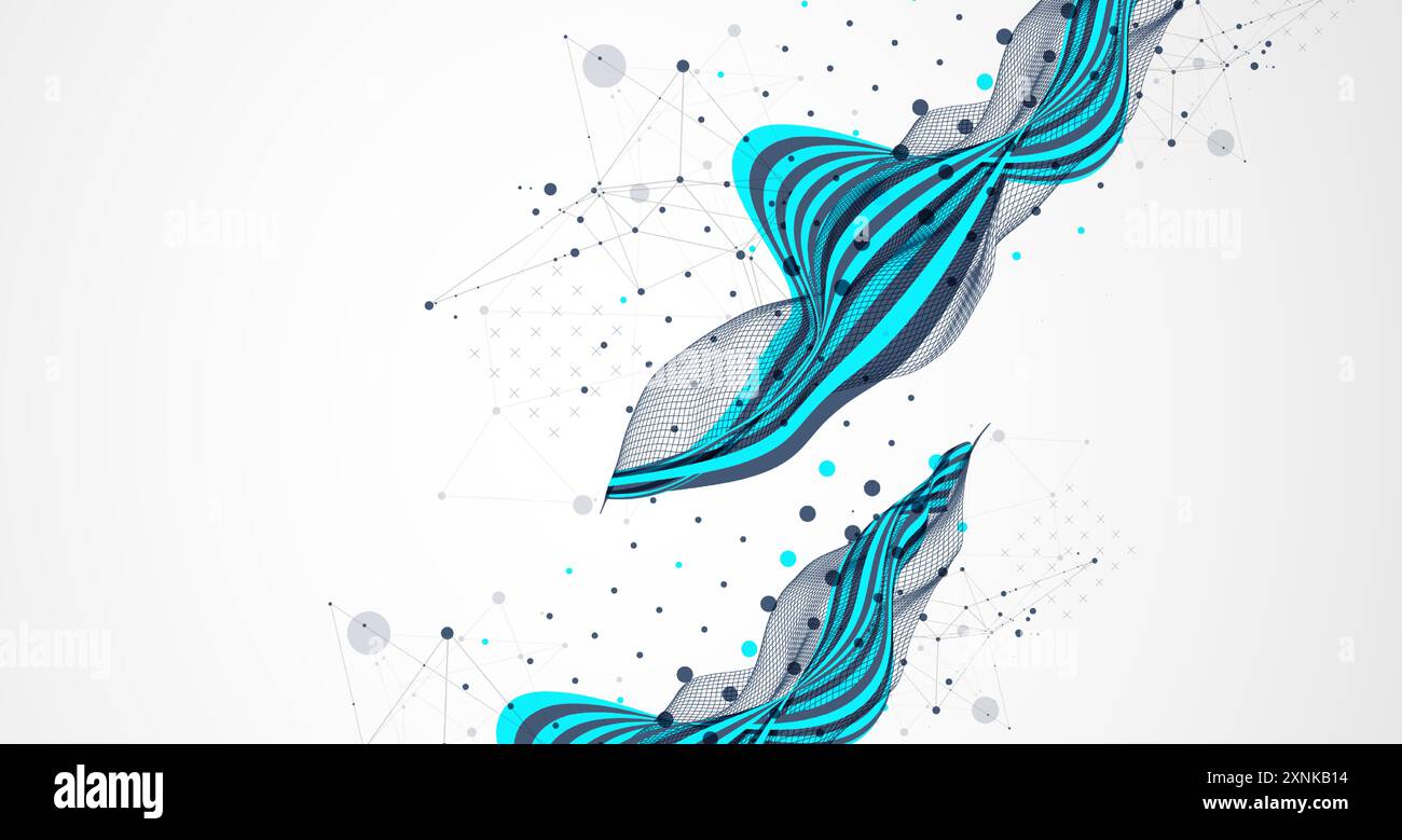 Abstract wavy background with cyan lines and wireframe wave. Hand drawn ...