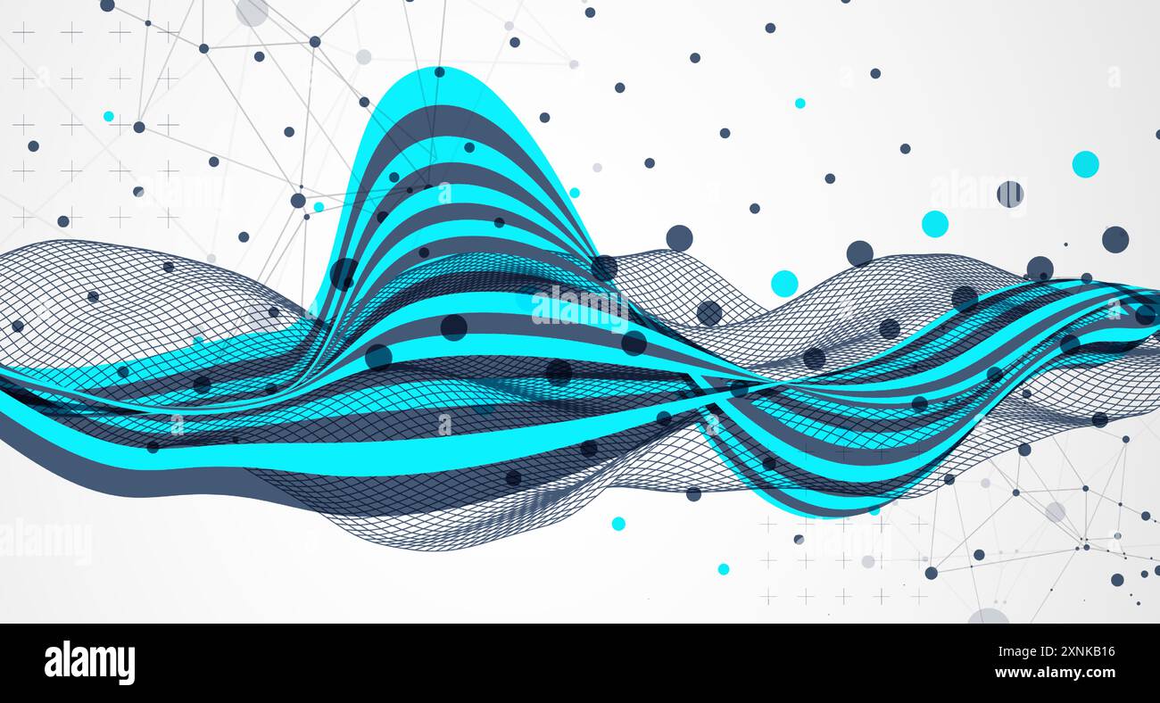 Abstract wavy background with cyan lines and wireframe wave. Hand drawn ...