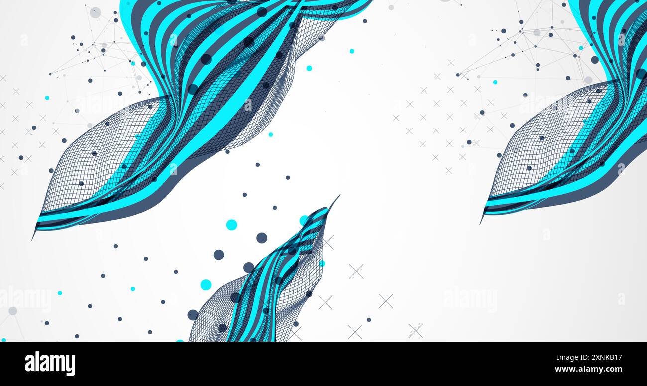 Abstract wavy background with cyan lines and wireframe wave. Hand drawn ...