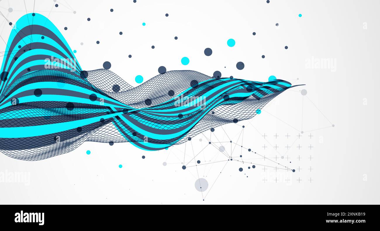 Abstract wavy background with cyan lines and wireframe wave. Hand drawn ...