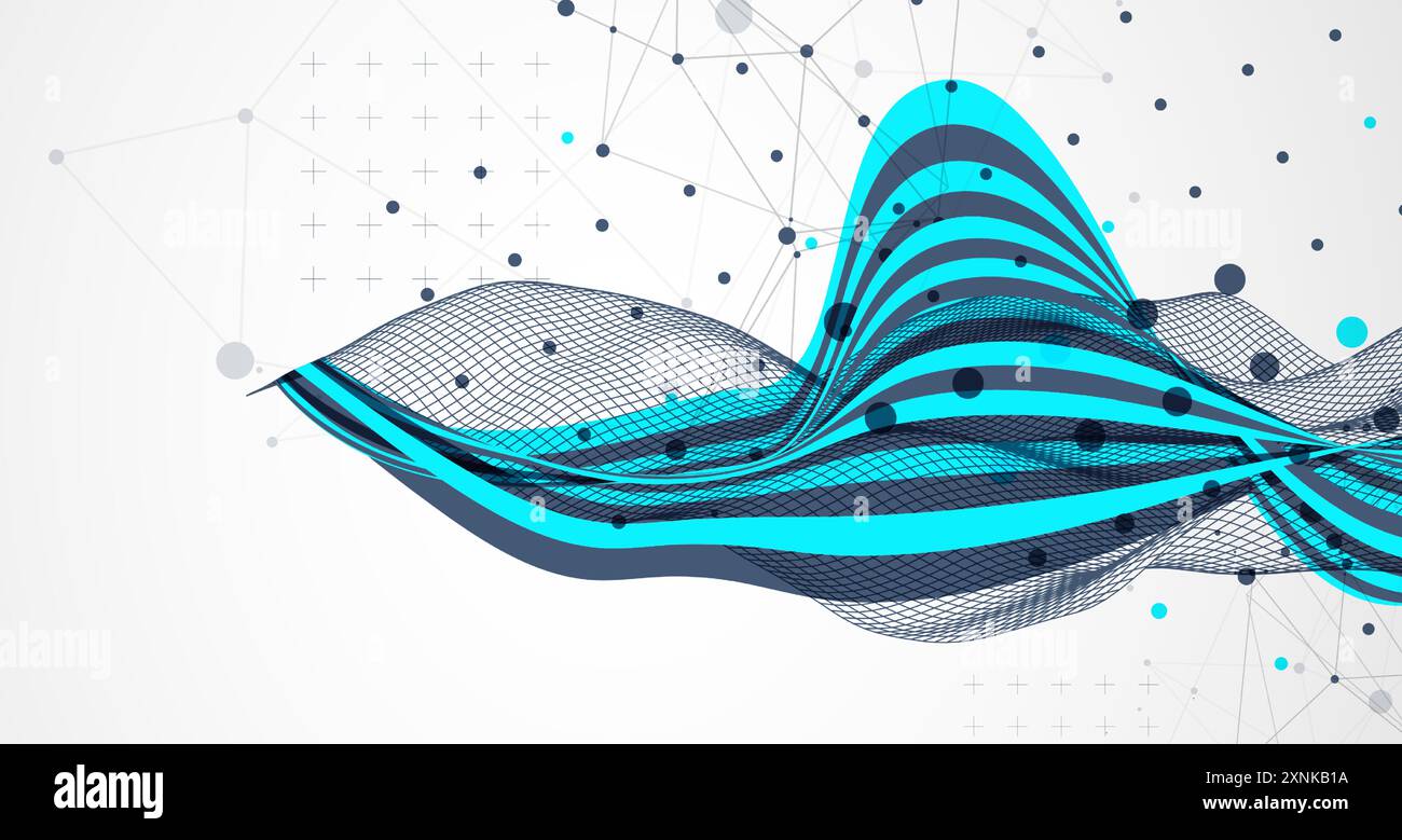 Abstract wavy background with cyan lines and wireframe wave. Hand drawn ...