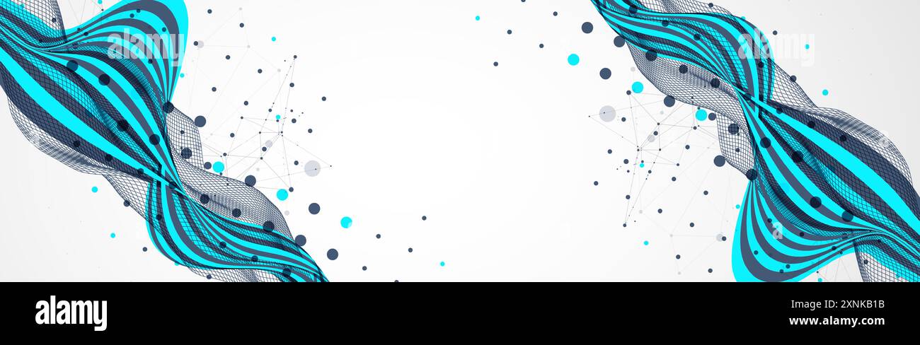 Abstract wavy background with cyan lines and wireframe wave. Hand drawn ...