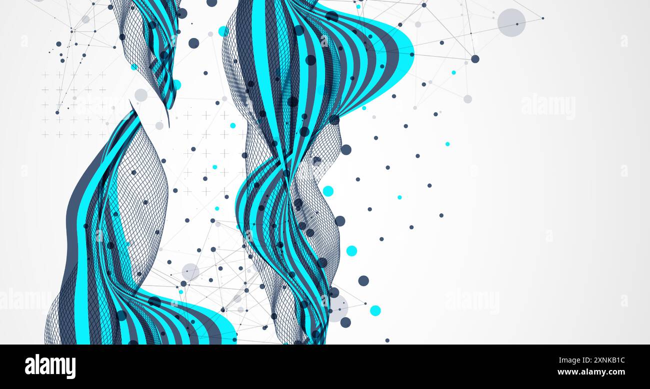 Abstract wavy background with cyan lines and wireframe wave. Hand drawn ...