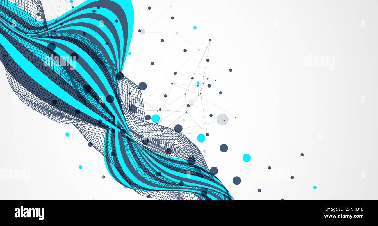 Abstract wavy background with cyan lines and wireframe wave. Hand drawn ...