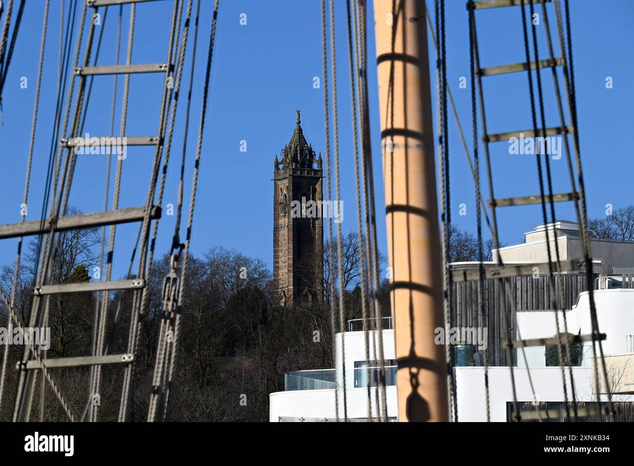Cabot tower seen through rigging on a boat in Bristol harbour Stock ...