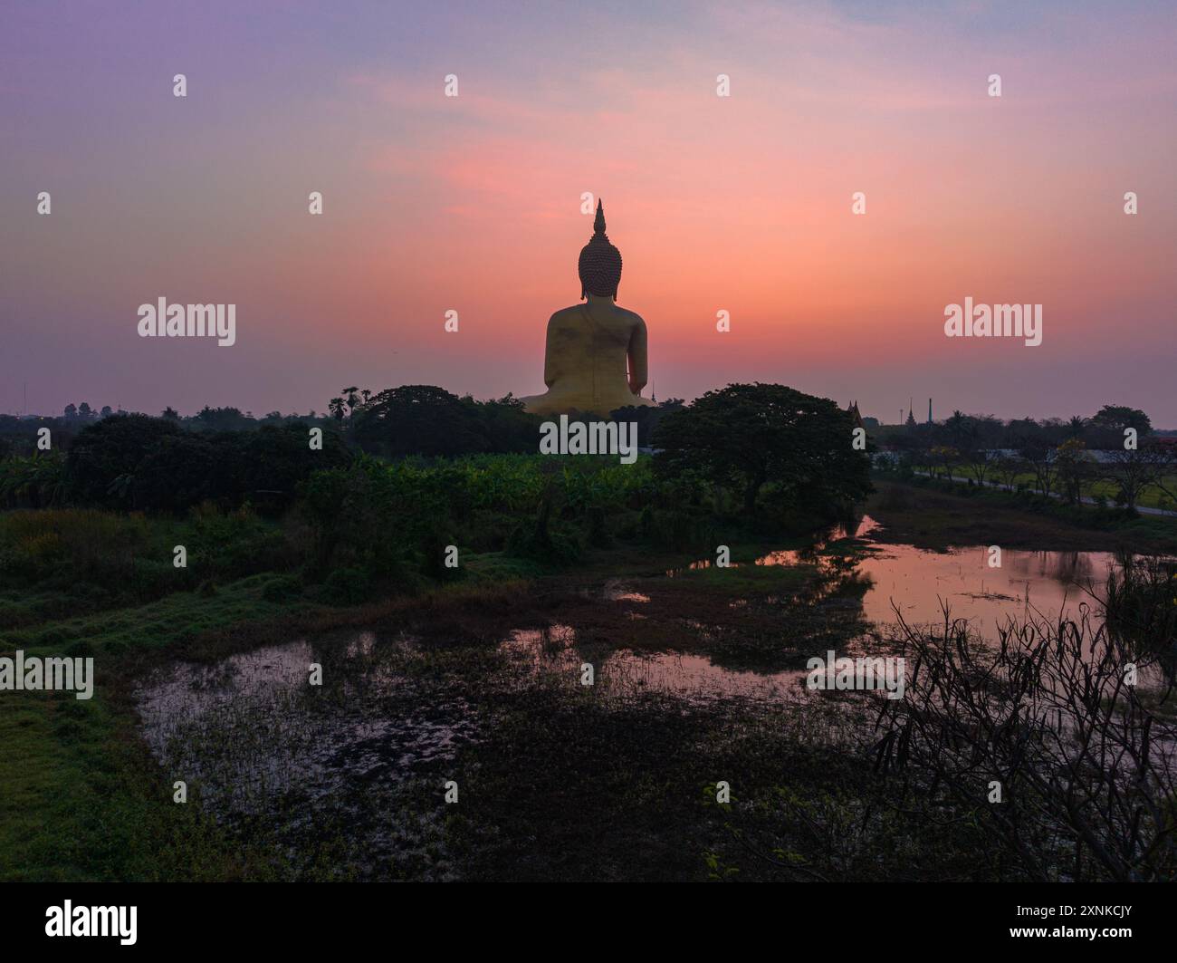 aerial view The sun was above the head of the biggest golden Buddha in ...