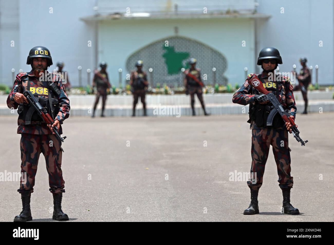 Boarder Guard Bangladesh (BGB) personnel stand guard on the premises of ...