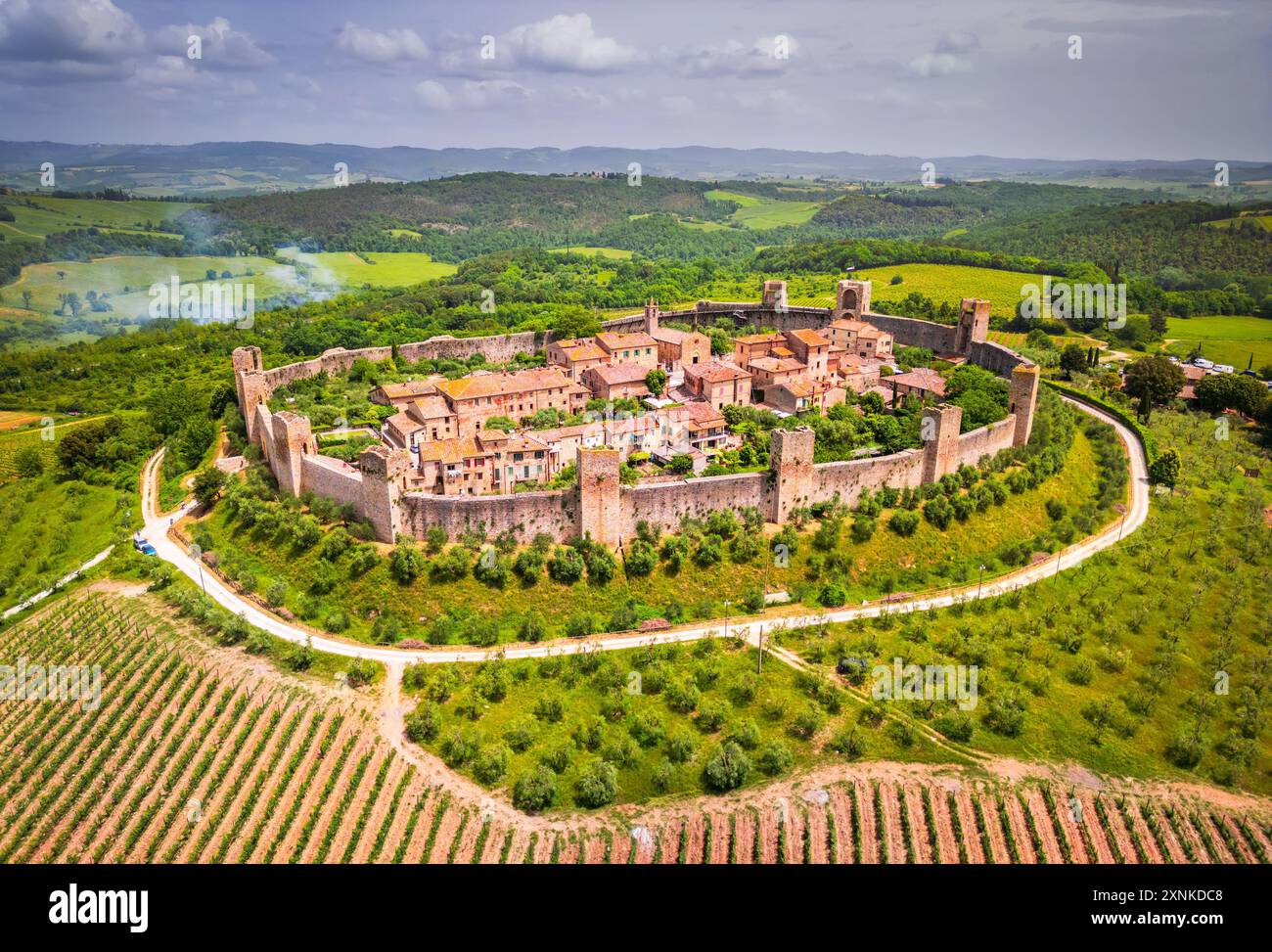 Monteriggioni, Italy. Aerial view of medieval Tuscan town on the hill ...