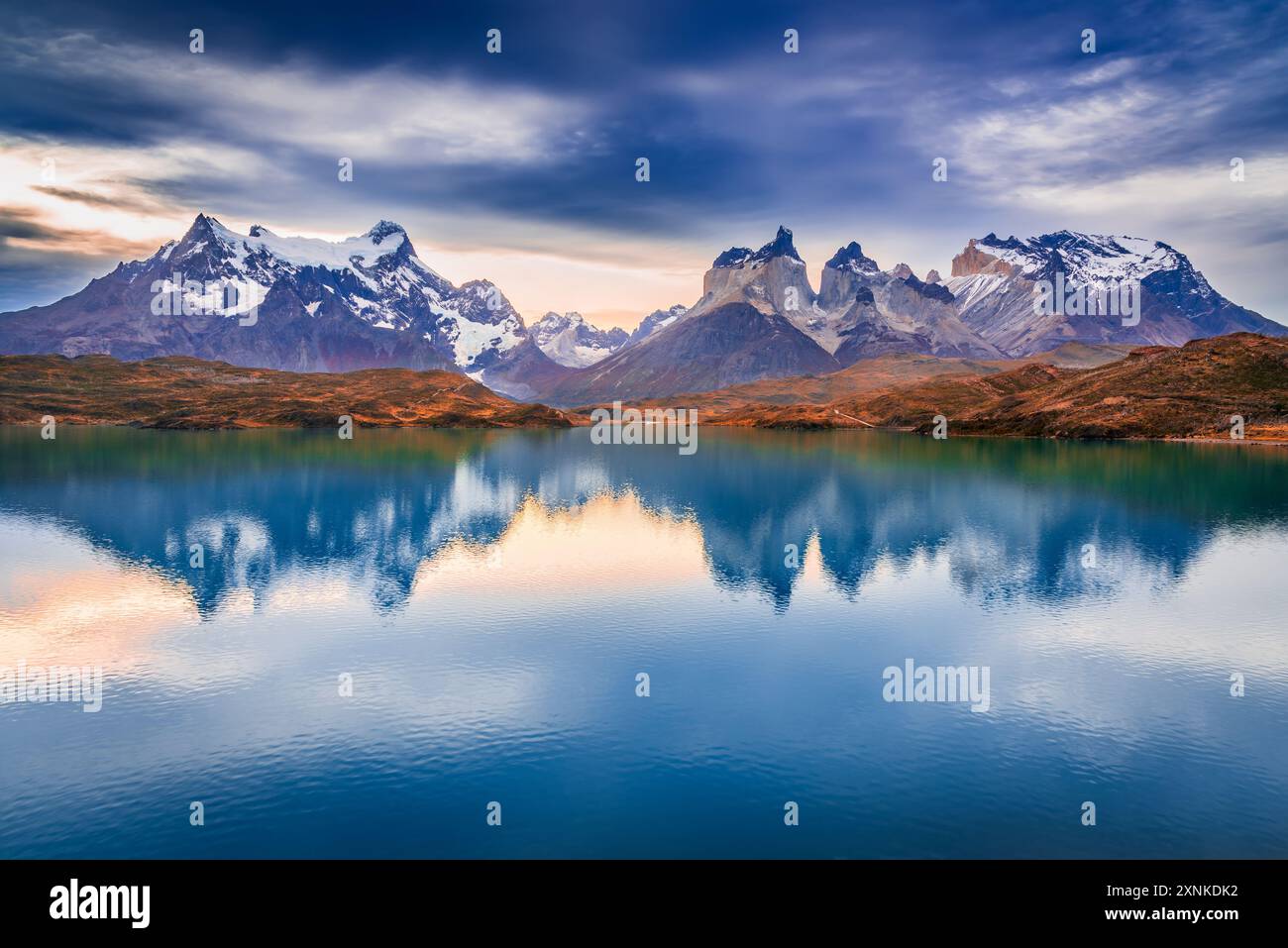 Torres del Paine, Chile. Los Cuernos and Lago Pehoe, famous travel landscape in Cordillera del ...