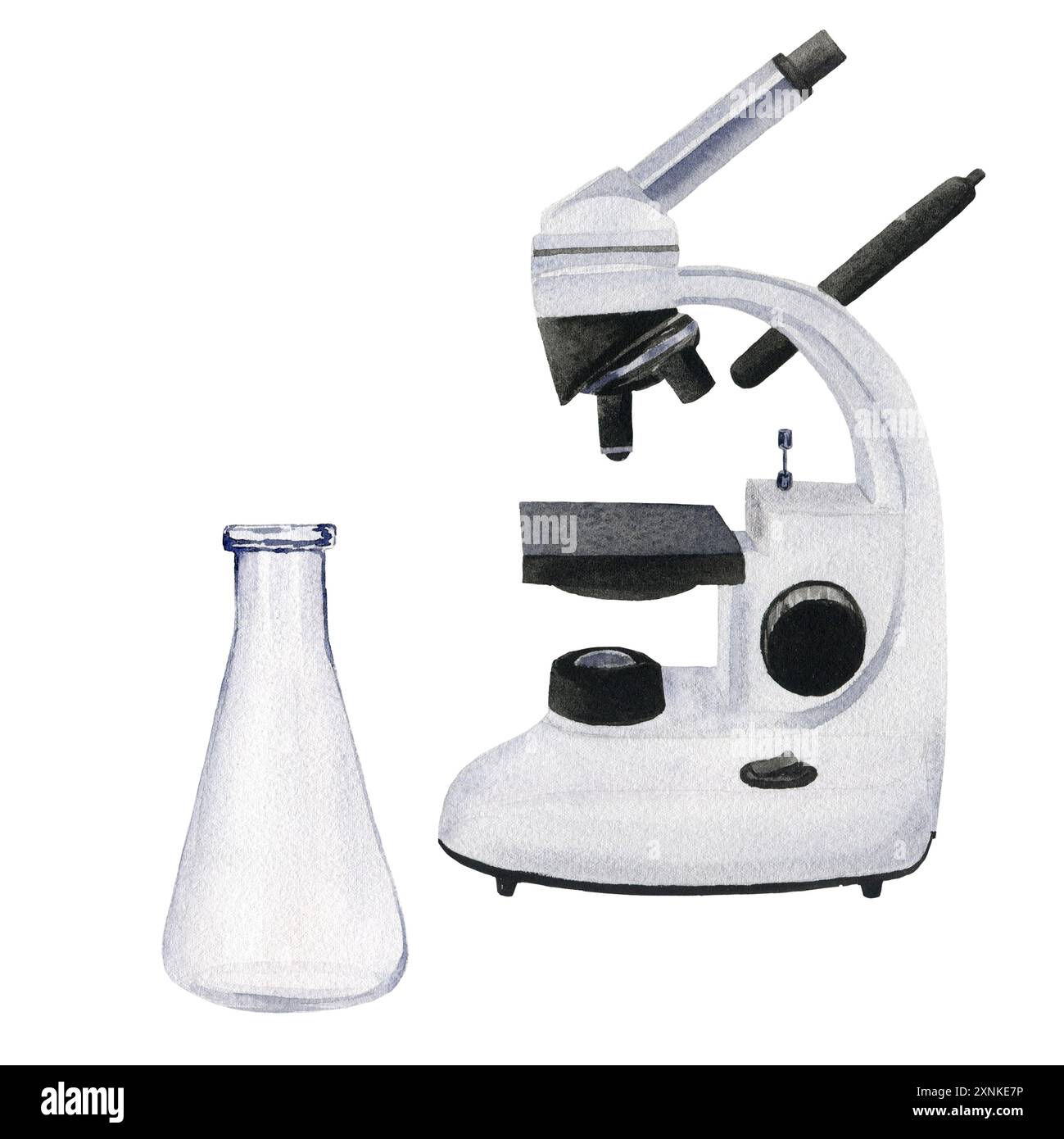 Watercolor microscope and flask. Hand drawn illustration isolated on ...