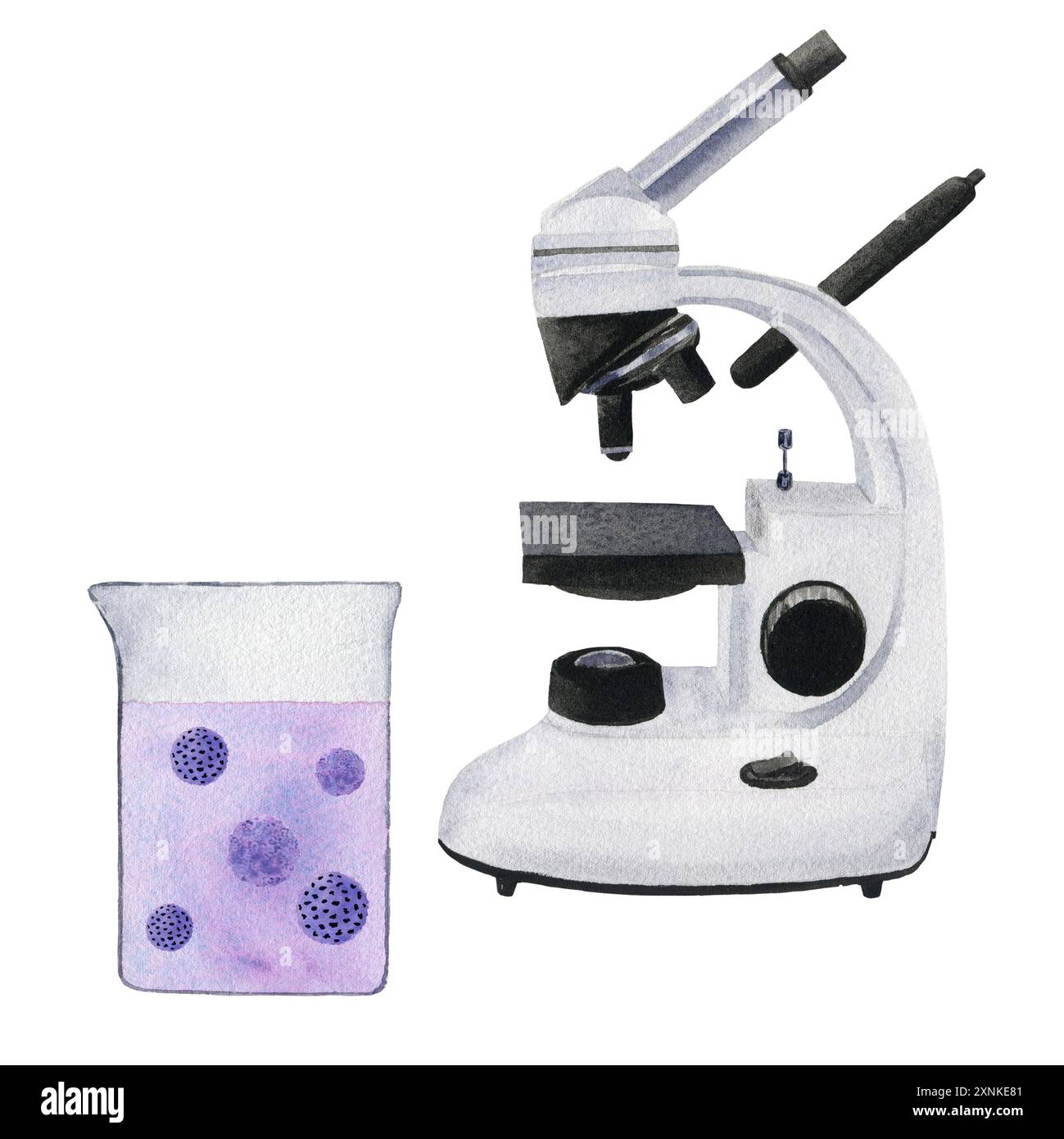 Watercolor microscope and flask with liquid and viruses. Hand drawn ...