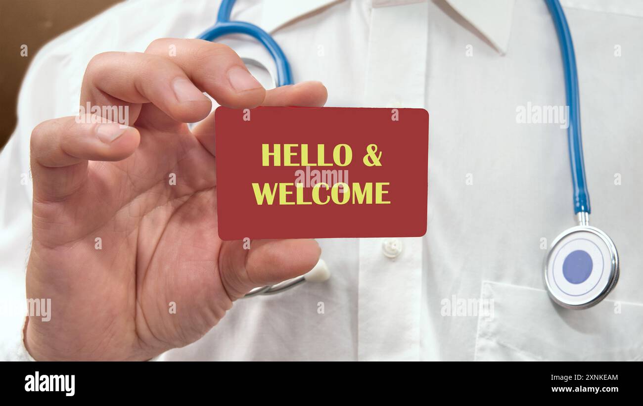 Hello and welcome symbol. Concept words Hello and welcome on a red ...