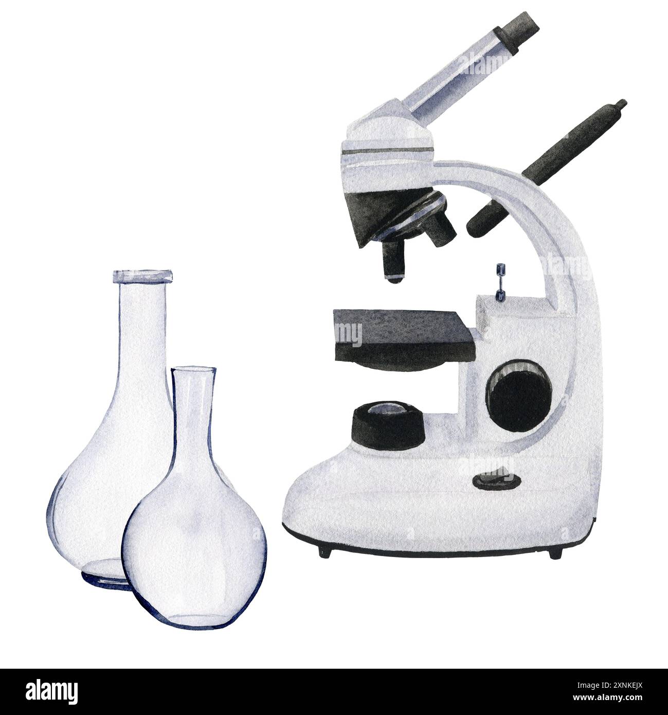 Watercolor microscope and two flasks. Hand drawn illustration isolated ...