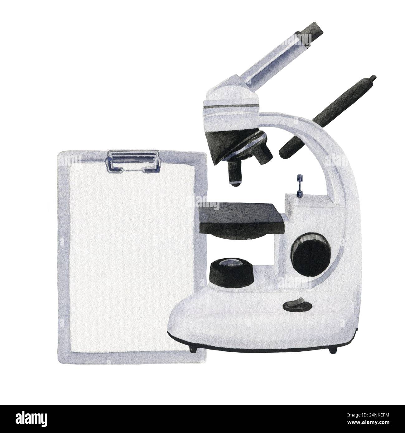 Watercolor microscope and clipboard. Hand drawn illustration isolated ...