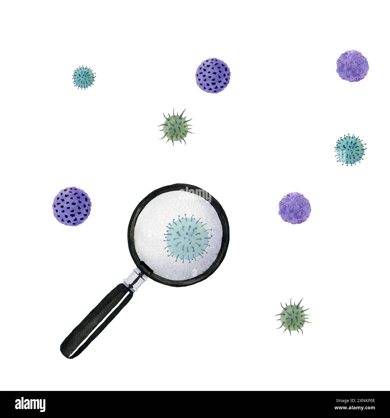 Watercolor magnifying glass with black handle and viruses. Hand drawn ...