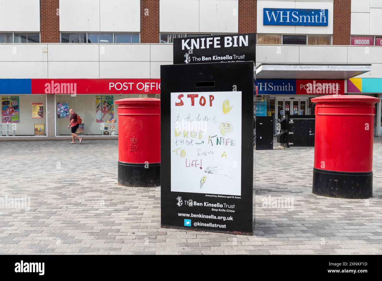Knife bin in the High Street of Southend on Sea, Essex, UK. Metal bin ...