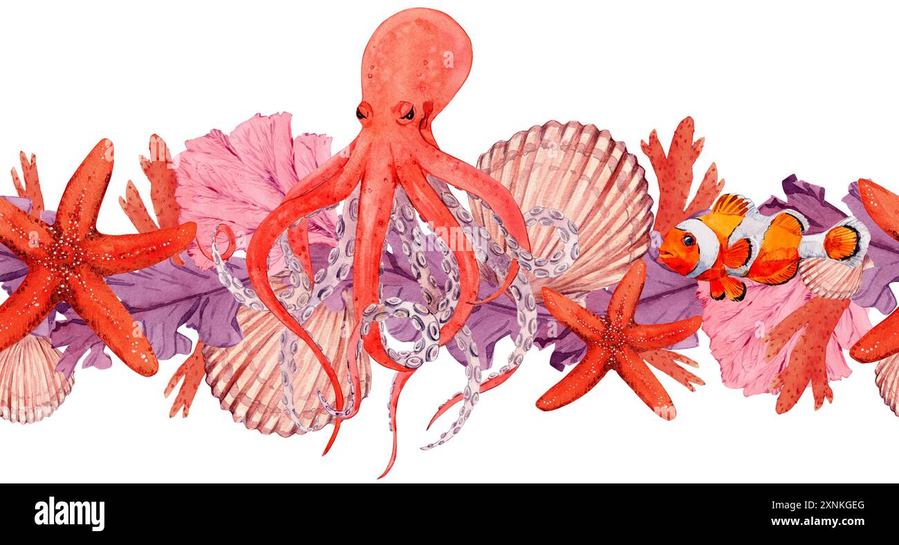 Orange octopus, wave-shaped seaweed with starfish, shells, corals and ...