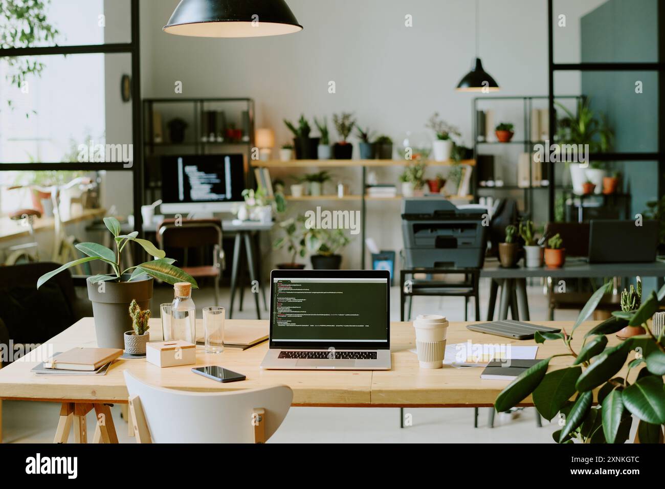 No people shot of part of modern eco-friendly office interior with ...