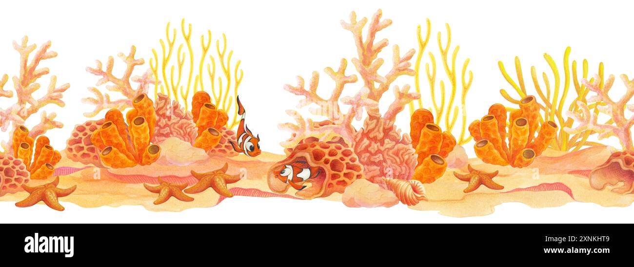 Isolated watercolor Seabed seamless pattern with corals, seaweeds ...