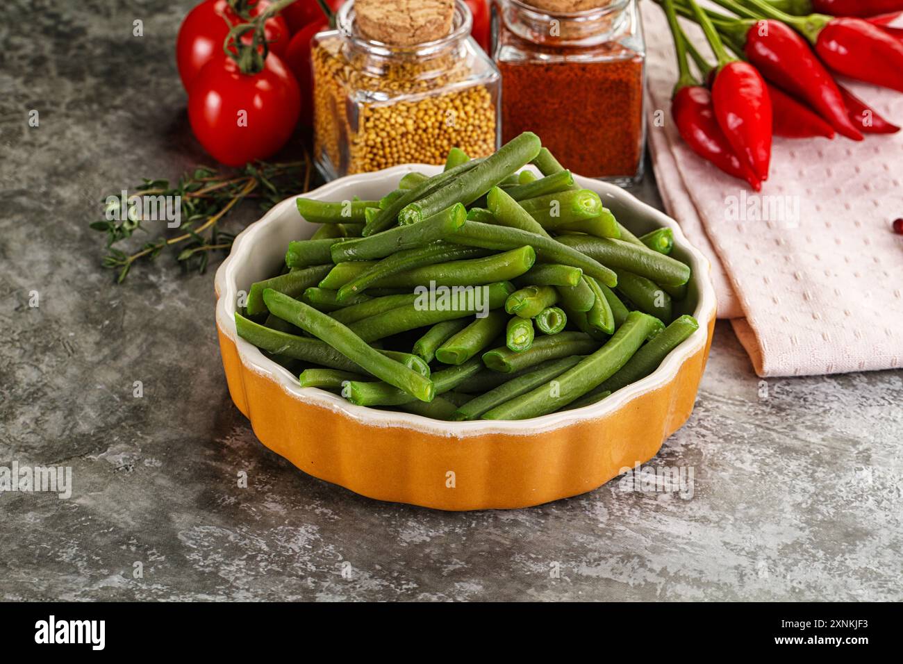 Vegan cuisine - boiled green bean snack Stock Photo - Alamy