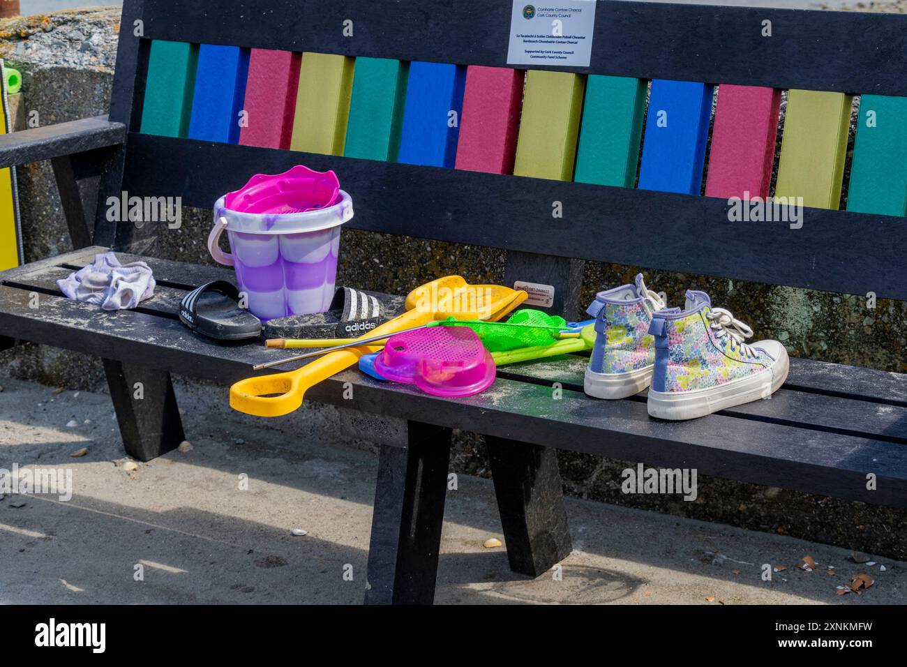 Bucket and Spade From Seaside Holiday Left on Seafront Bench Stock ...