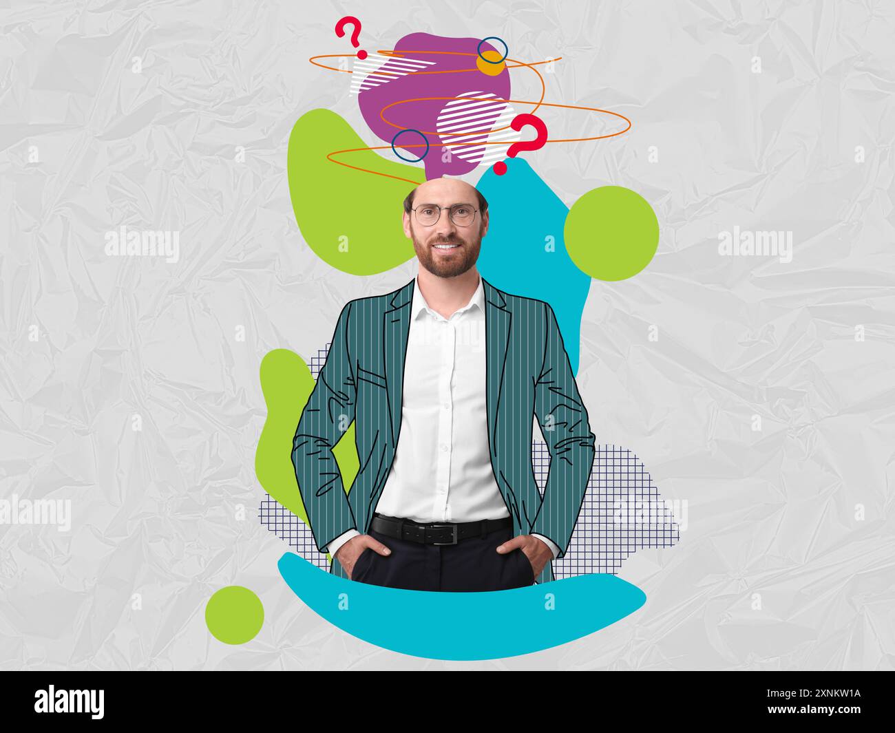 Thoughtful man on color background. Speech balloon and question marks ...