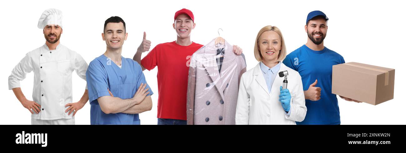 People of different professions. Collage with portraits on white ...