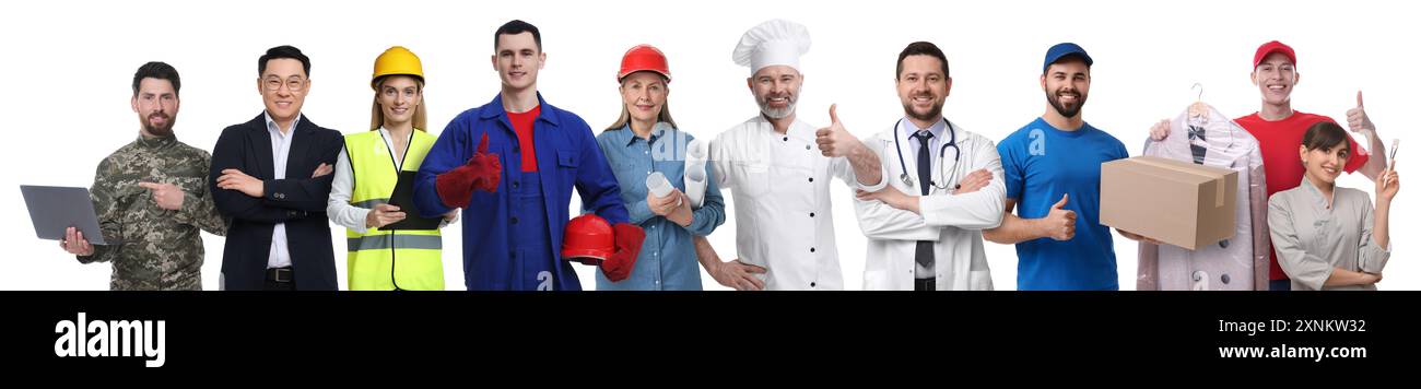 People of different professions. Collage with portraits on white ...