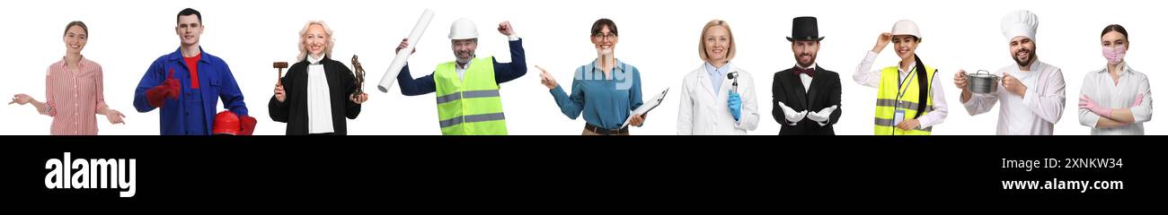 People of different professions. Collage with portraits on white ...