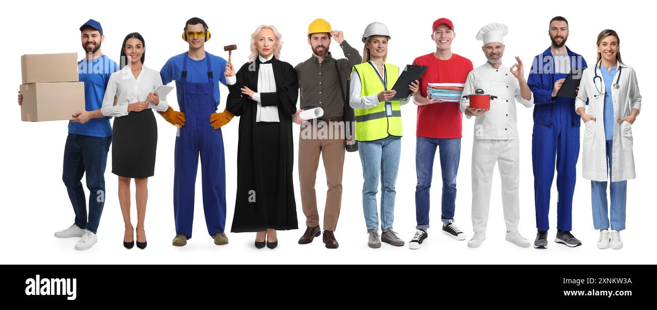 People of different professions. Collage with portraits on white ...