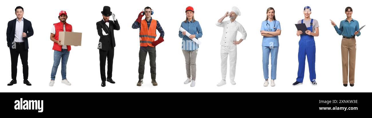 People of different professions. Collage with portraits on white ...