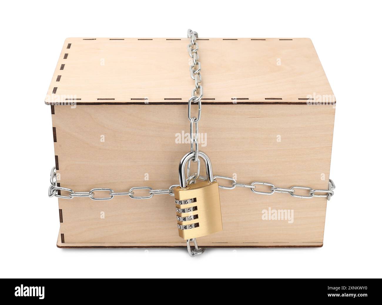 Secret parcel. One wooden box with metal chain and padlock isolated on ...
