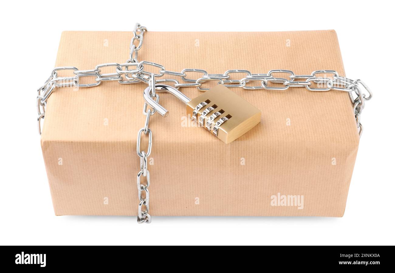 One parcel with chain and padlock isolated on white Stock Photo - Alamy