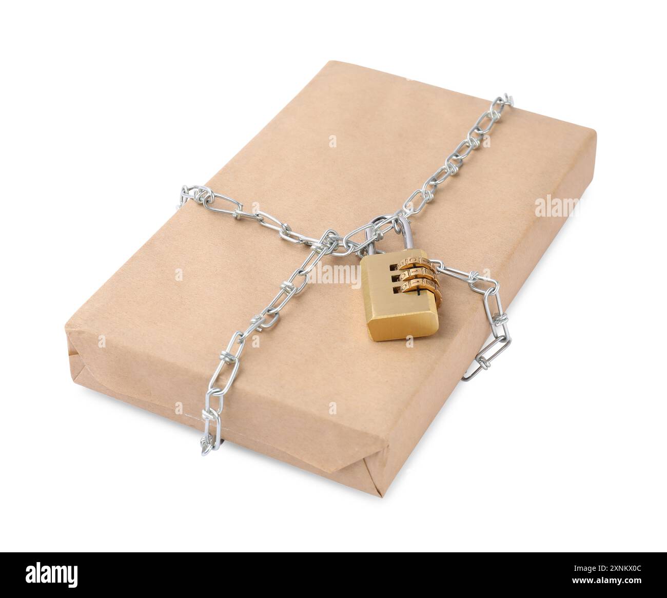 One parcel with chain and padlock isolated on white Stock Photo - Alamy