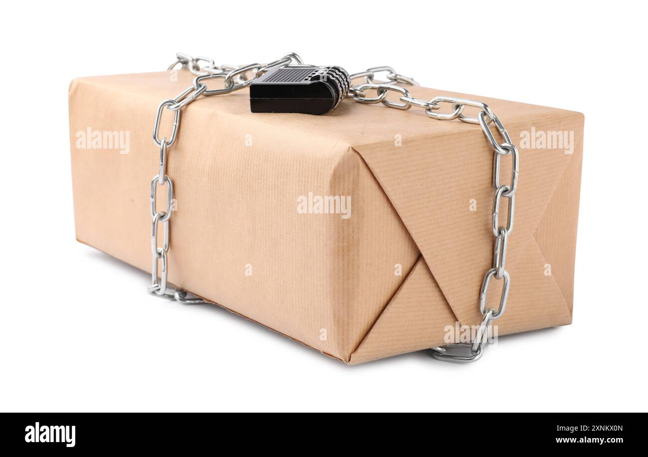 One parcel with chain and padlock isolated on white Stock Photo - Alamy