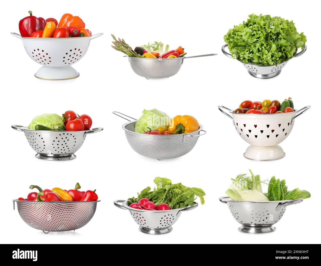 Different colanders with fresh vegetables isolated on white, set Stock ...