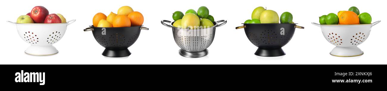 Different colanders with fresh fruits isolated on white, set Stock ...