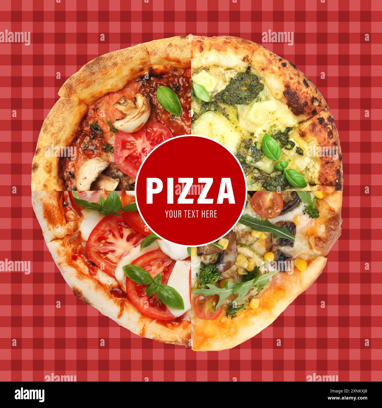 Mix of slices of different pizzas on red checkered background. Flyer or ...