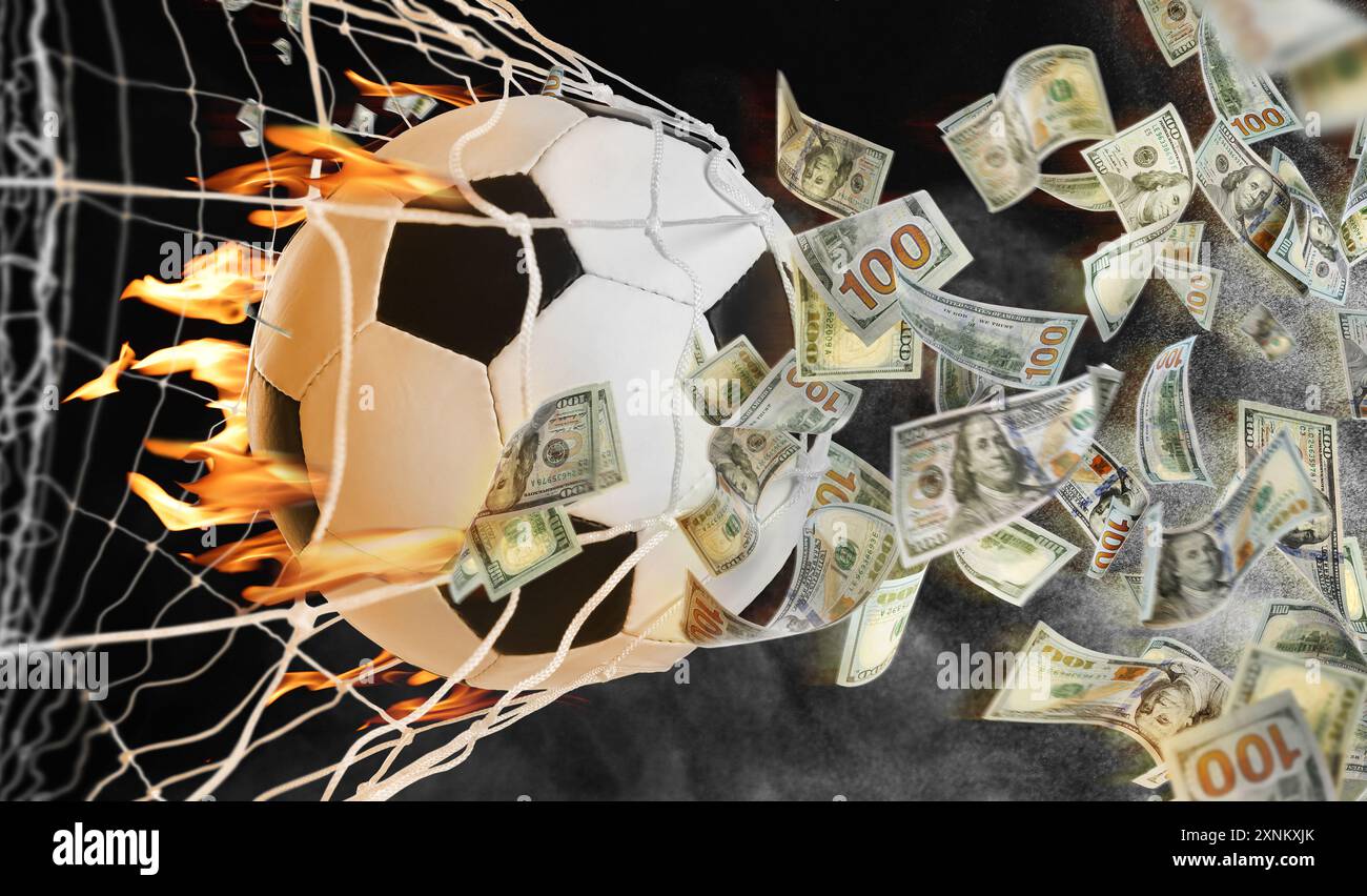 Money flying from scored ball in net on black background. Banner design ...