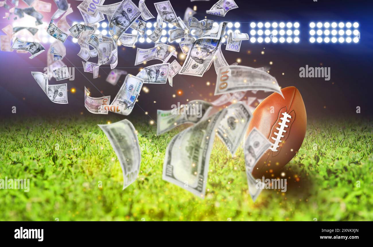 Money flying from American football ball on stadium. Banner design ...