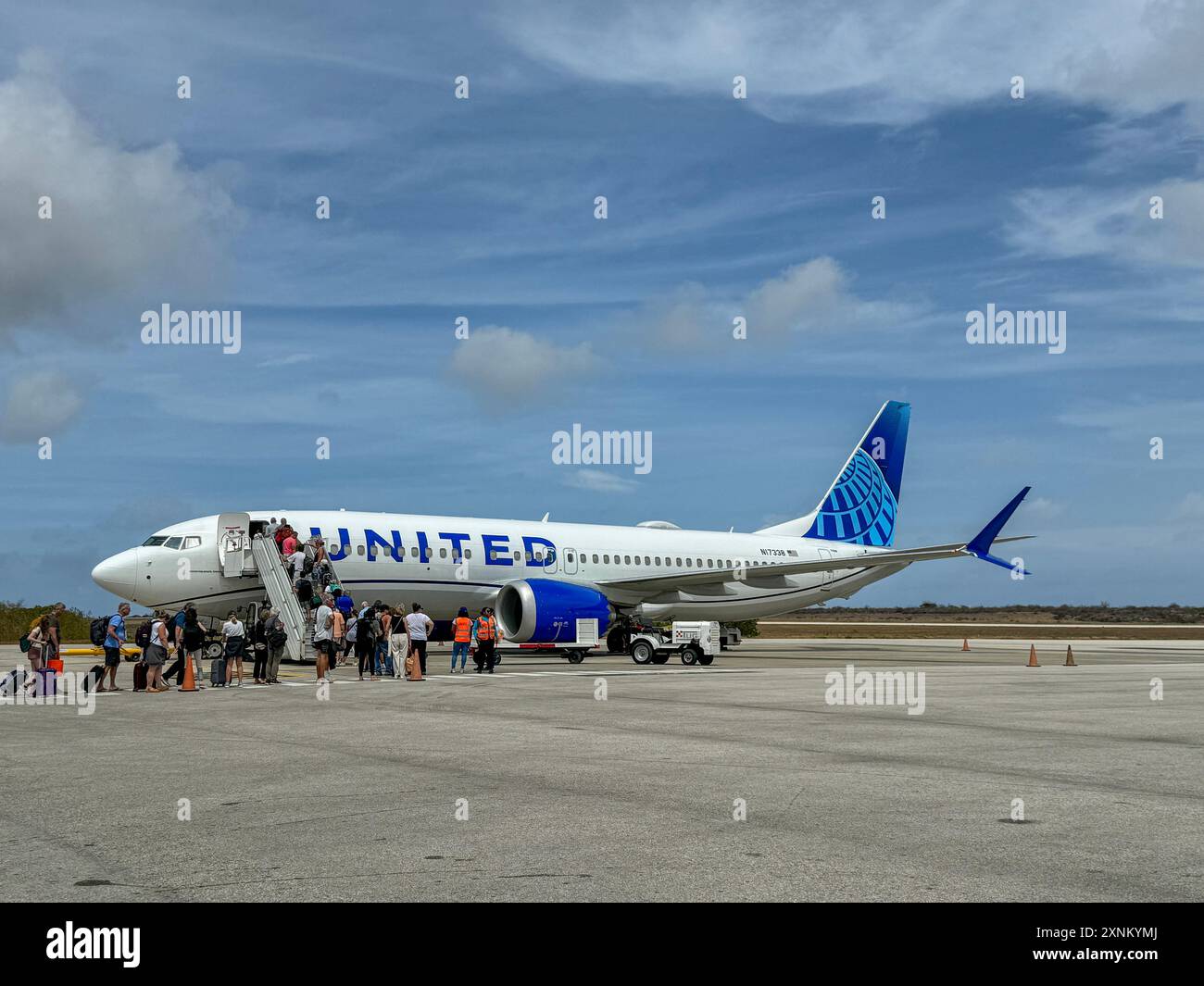 United Airlines commercial jet on the tarmac at Bonaire airport during ...