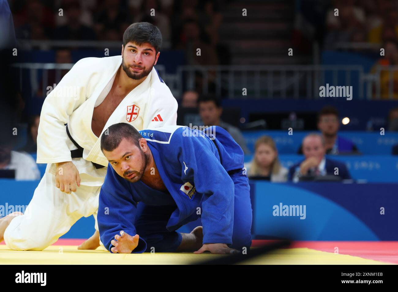 Paris, France. 1st Aug, 2024. (L-R) Aaron Phillip Wolf (JPN), SULAMANIDZE Ilia (GEO) Judo : Men ...