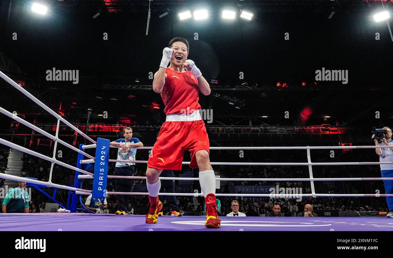 Paris, France. 1st Aug, 2024. Wu Yu of China celebrates after the women ...