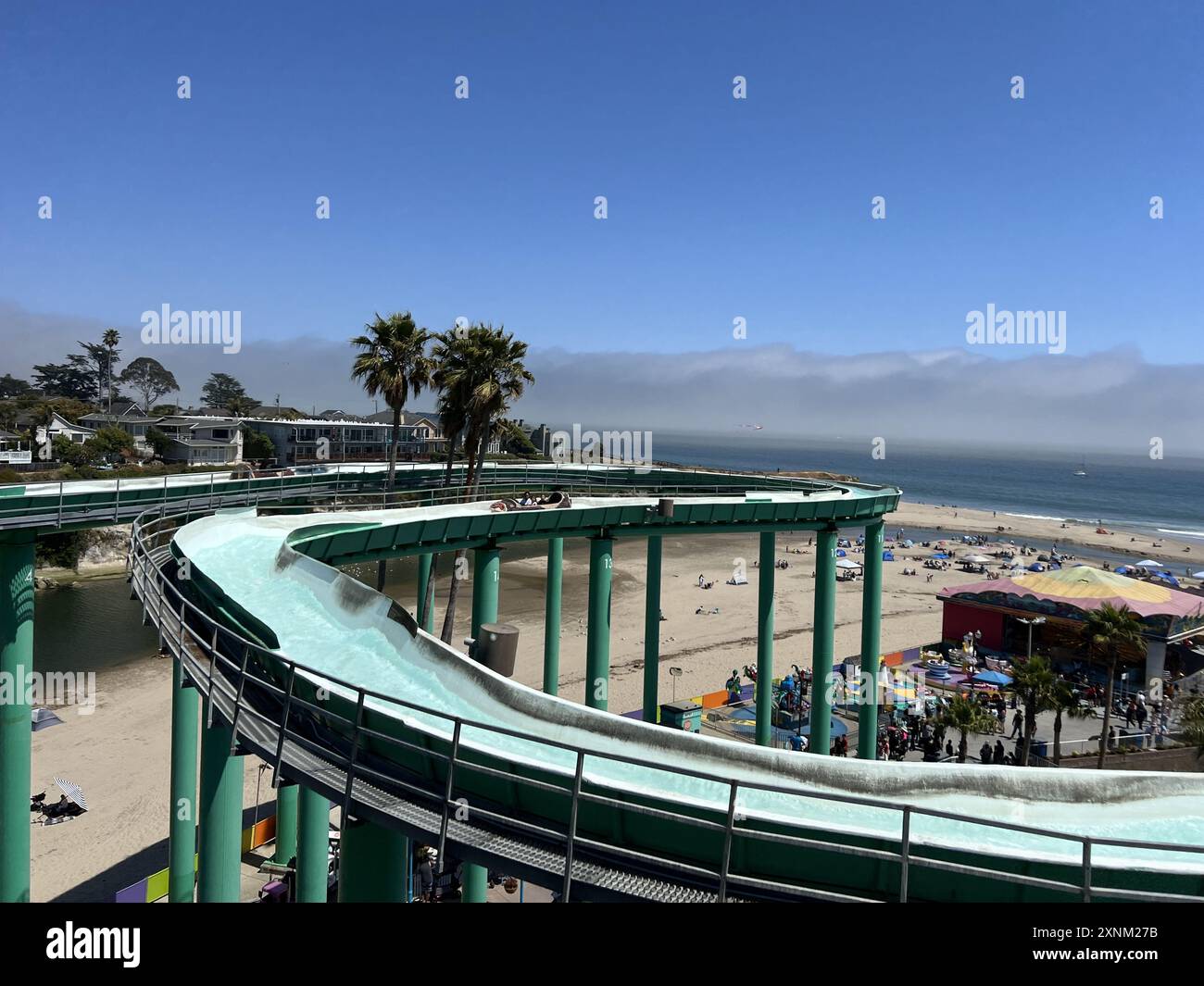 Aerial track of the Loggers Revenge log flume ride, Santa Cruz Beach ...