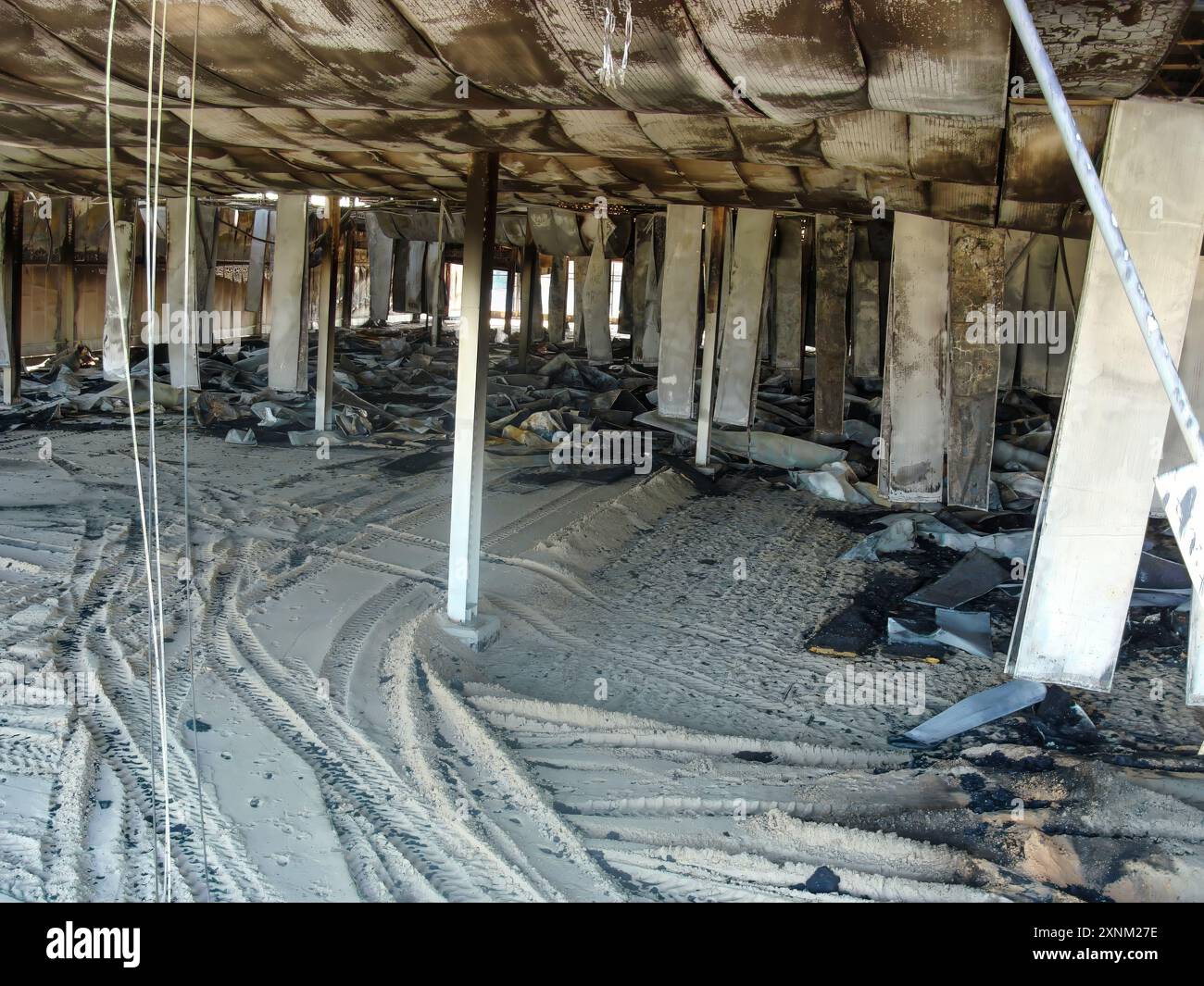 Burnt sandwich panels inside a building after a fire, showing extensive ...