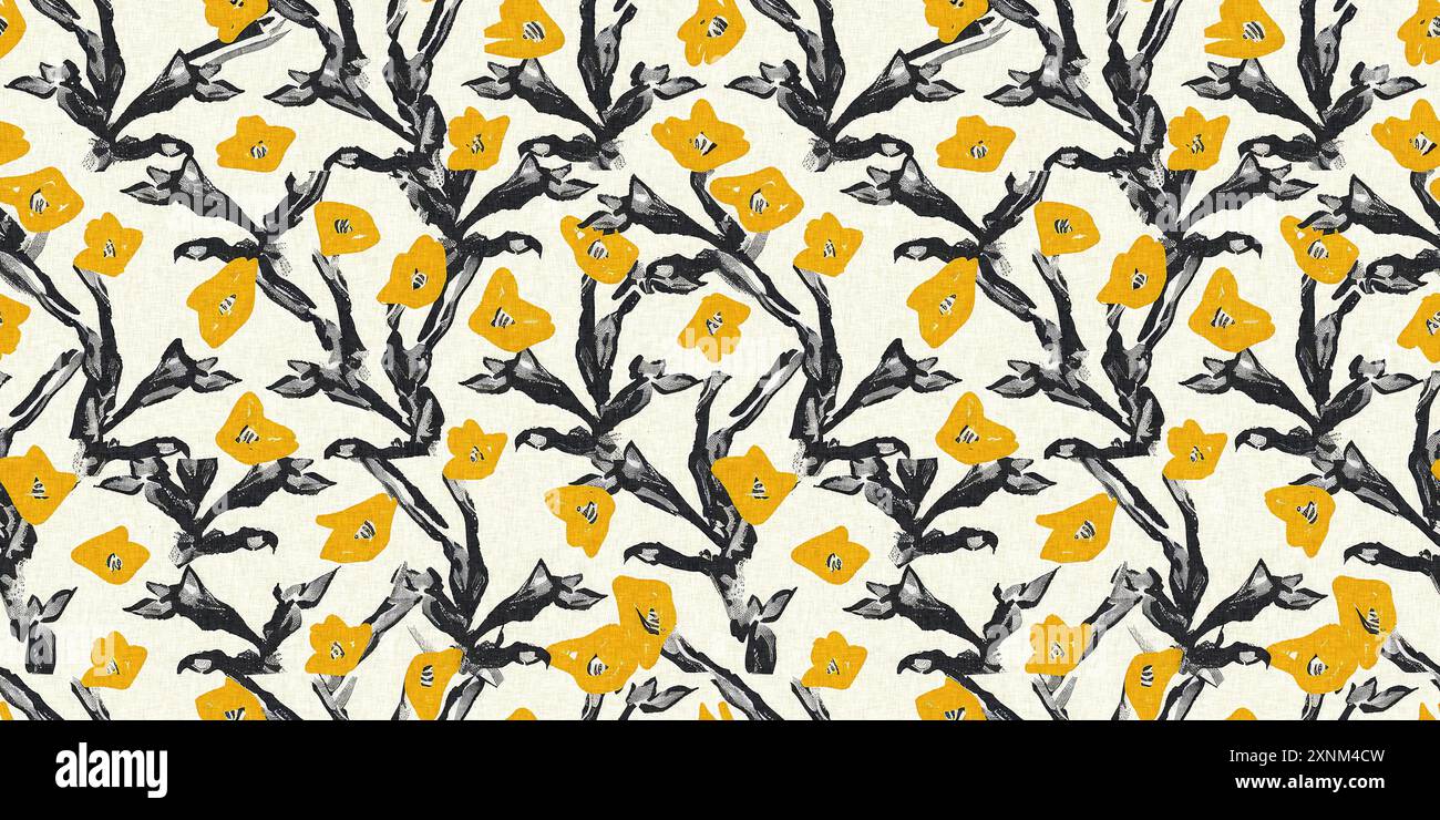 Modern printed fabric flower block print pattern with linen texture ...