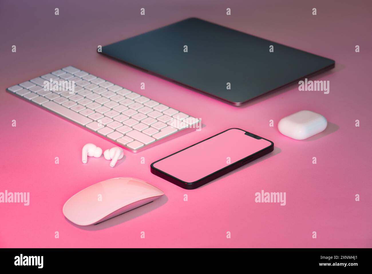 Home office electronic devices on pink background. Isometric view ...
