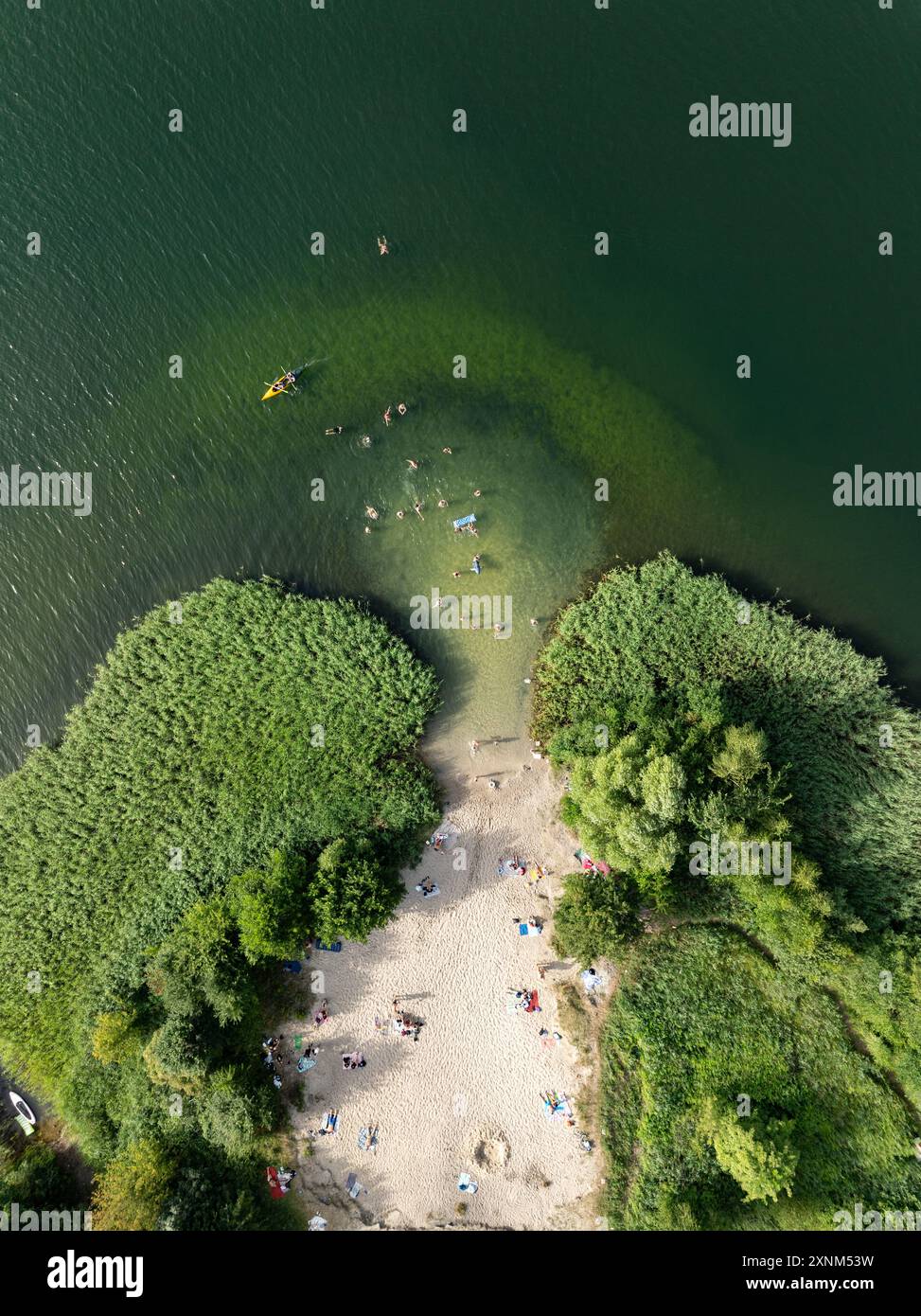 Aerial drone view of summer lake beach. Sunny summer holiday at the ...