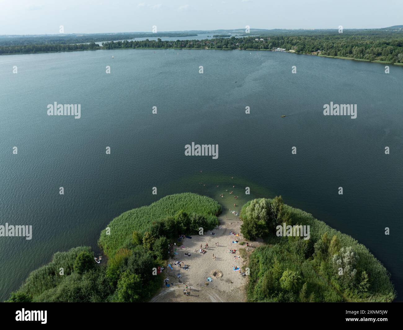 Aerial drone view of summer lake beach. Sunny summer holiday at the ...