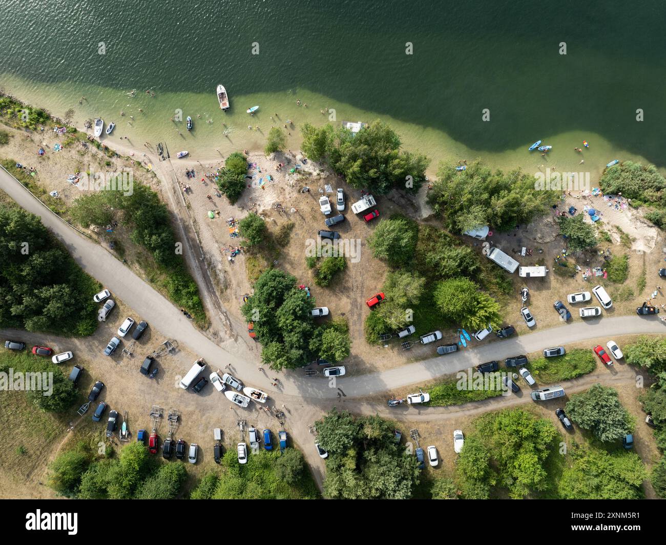 Aerial drone view of summer lake beach. Sunny summer holiday at the ...